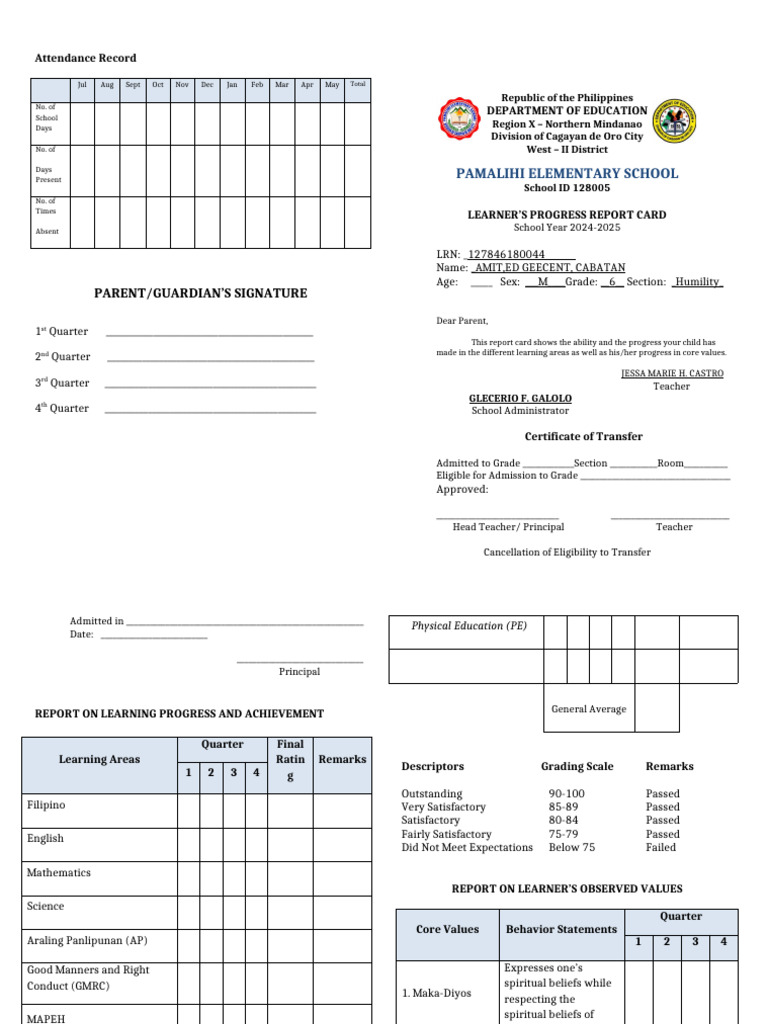 SF9 Learners Progress Report Card Template For ES 1 | PDF