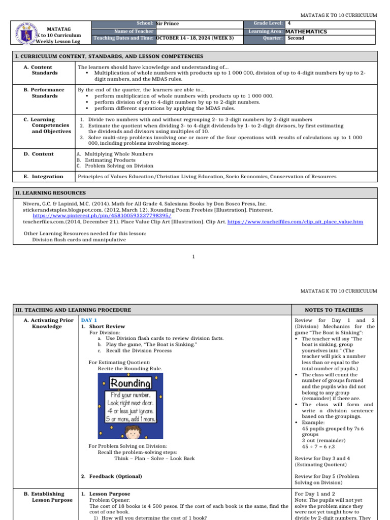 DLL Matatag - Math 4 Q2 W3 | PDF