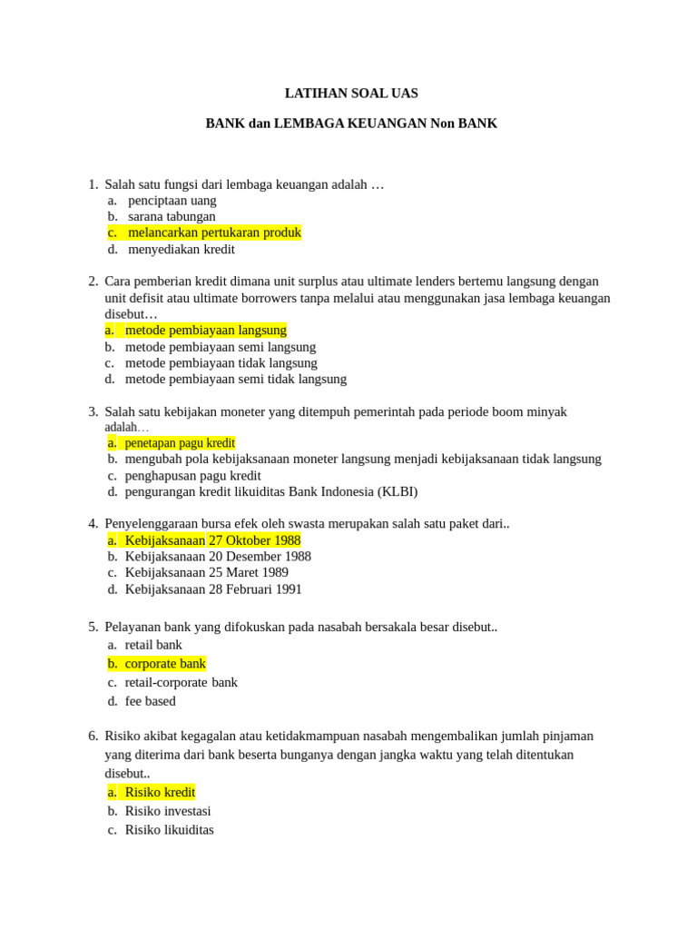 LATIHAN SOAL UAS BANK Dan LEMBAGA KEUANGAN Non BANK | PDF