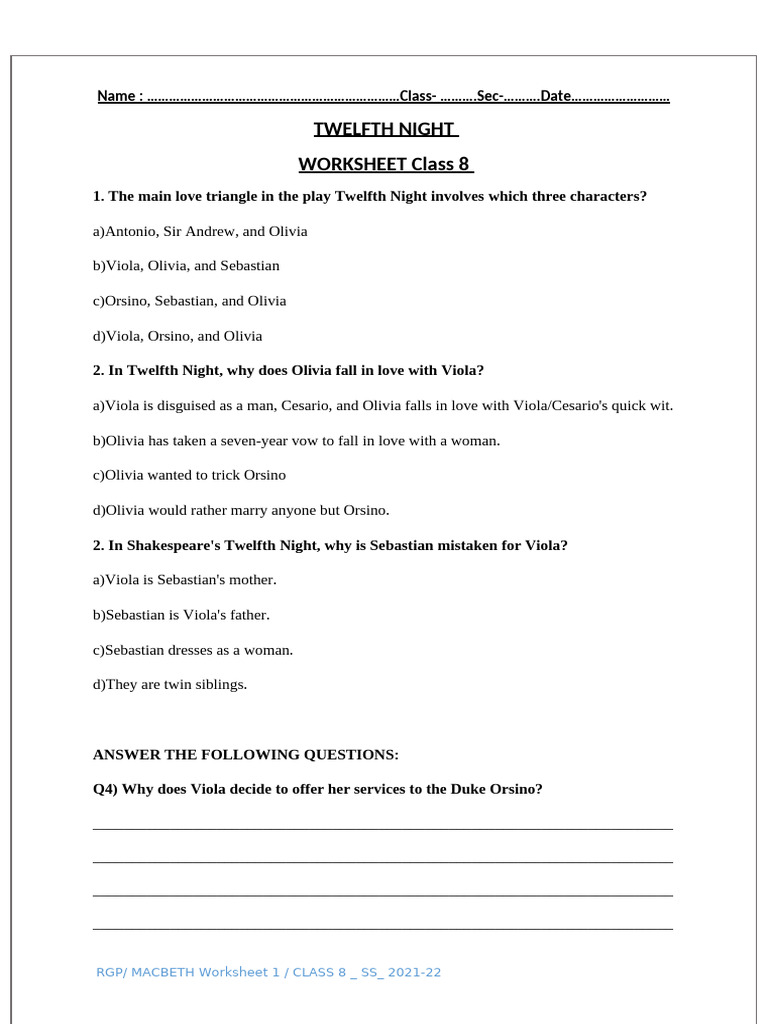 Twelfth Night Worksheet | PDF