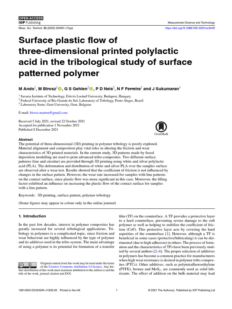 Surface Plastic Flow of 3D Printed PLA in Tribolog | PDF