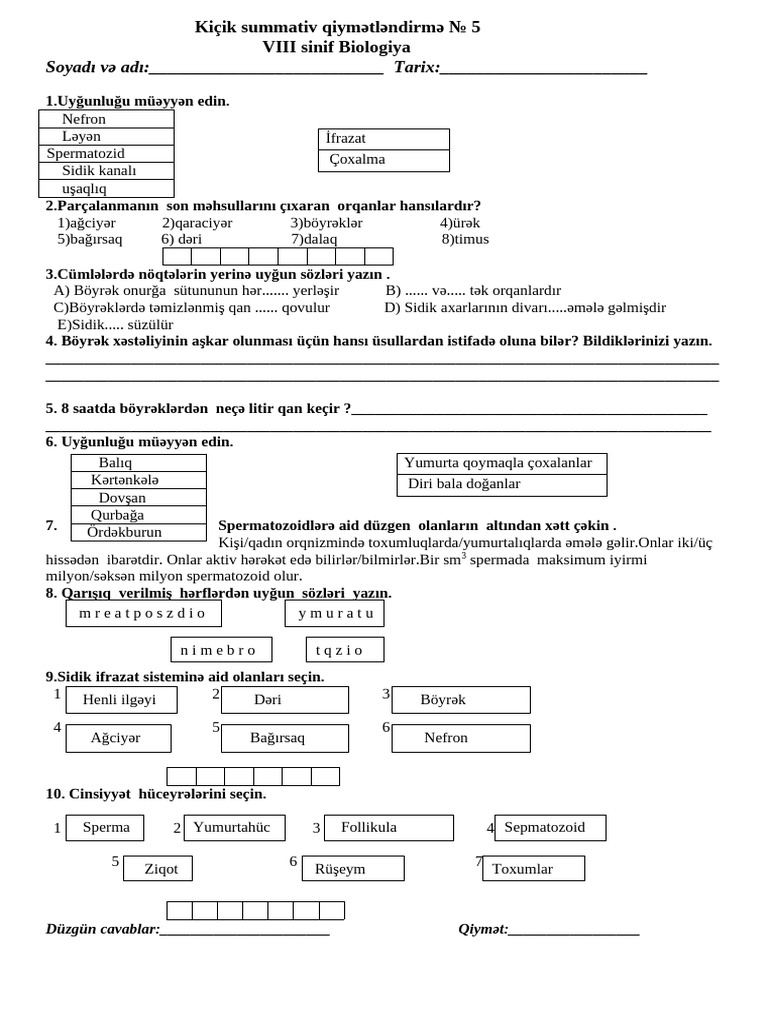 KSQ 5 Biologiya 8 Sinif 5 | PDF