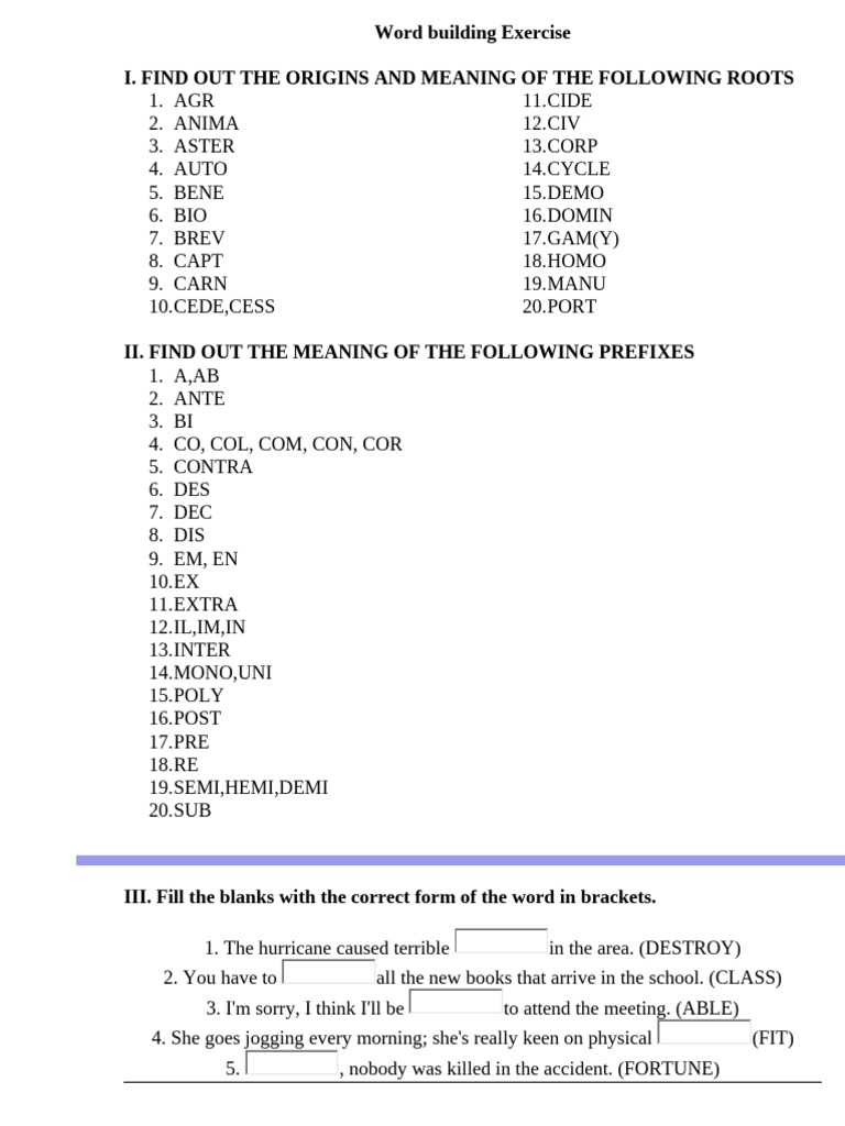 Lexicology - EXERCISES - Word Building | PDF