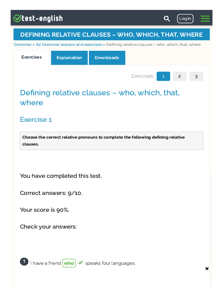 Defining Relative Clauses - Who, Which, That, Where - Test-English | PDF