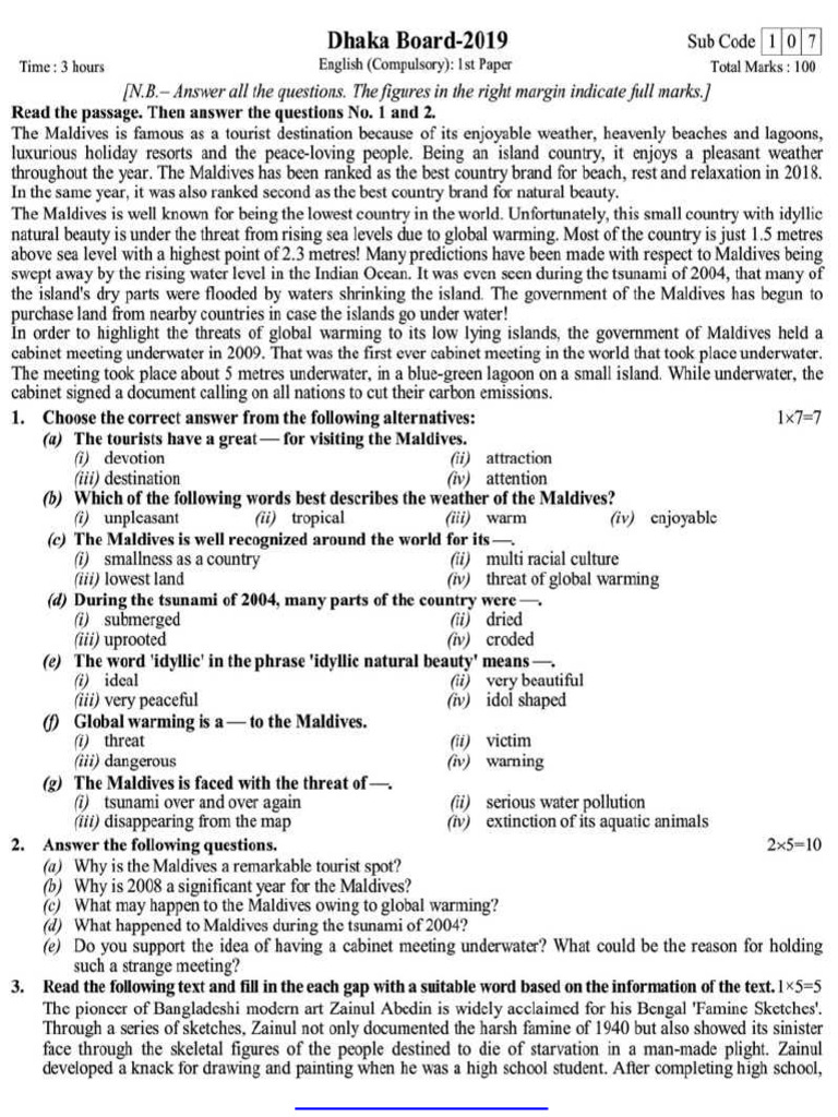 SSC English 1st Paper Question 2019 Dhaka Board | PDF
