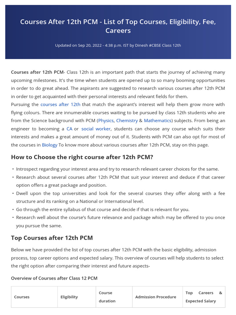 Career Option of PCM After 12th | PDF