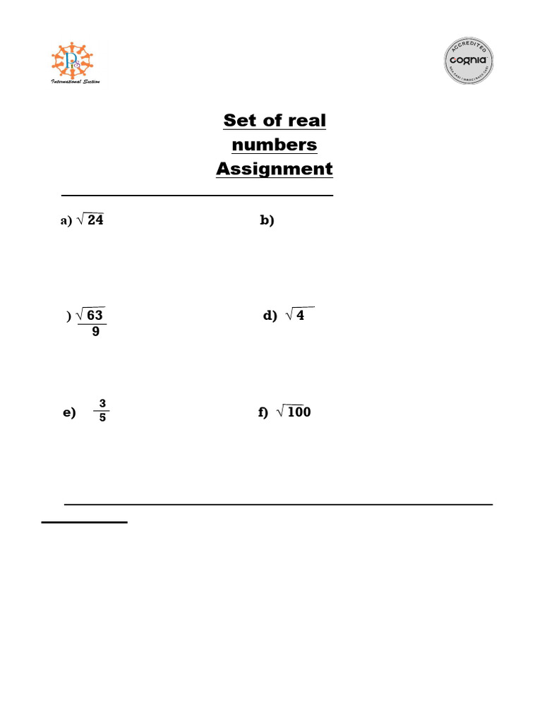 Set of Real Numbers Assignment: Write All Names That Apply To Each ...