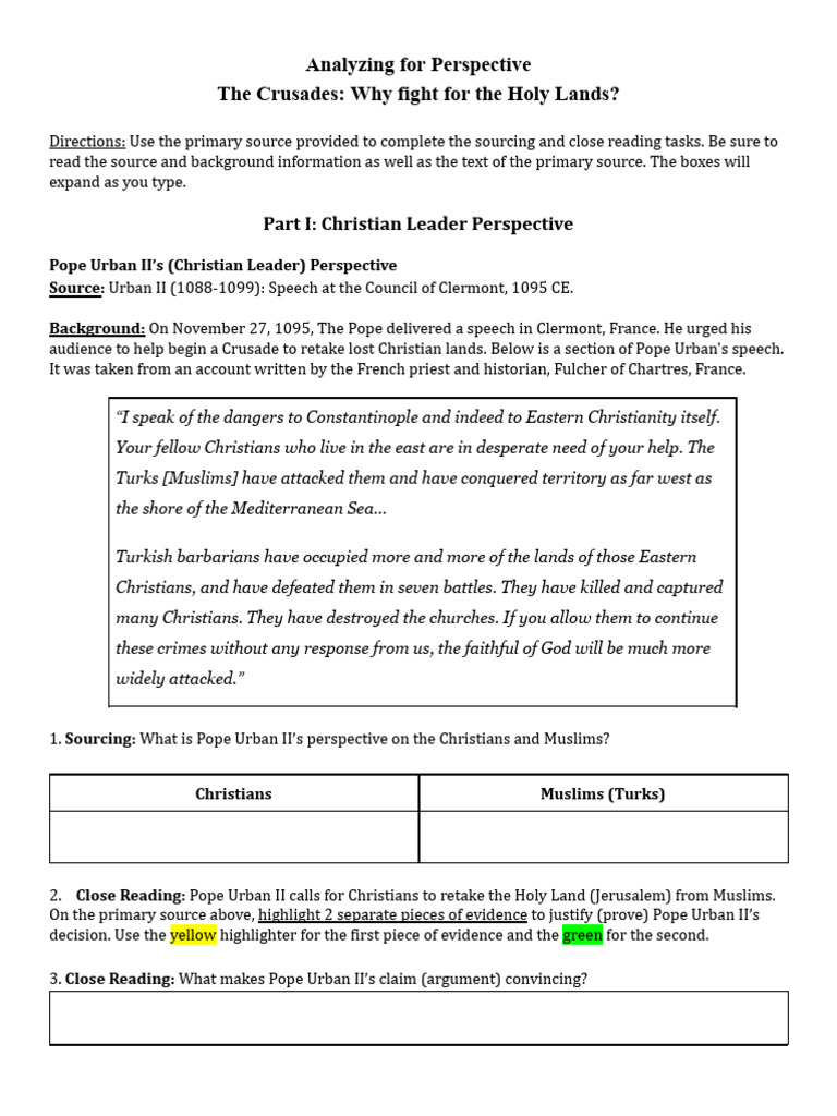 Worksheet For Multiple Perspectives - The Crusades | PDF | Crusades ...