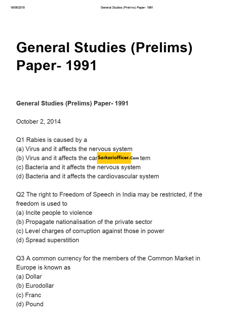 General Studies (Prelims) Paper 1991 | PDF