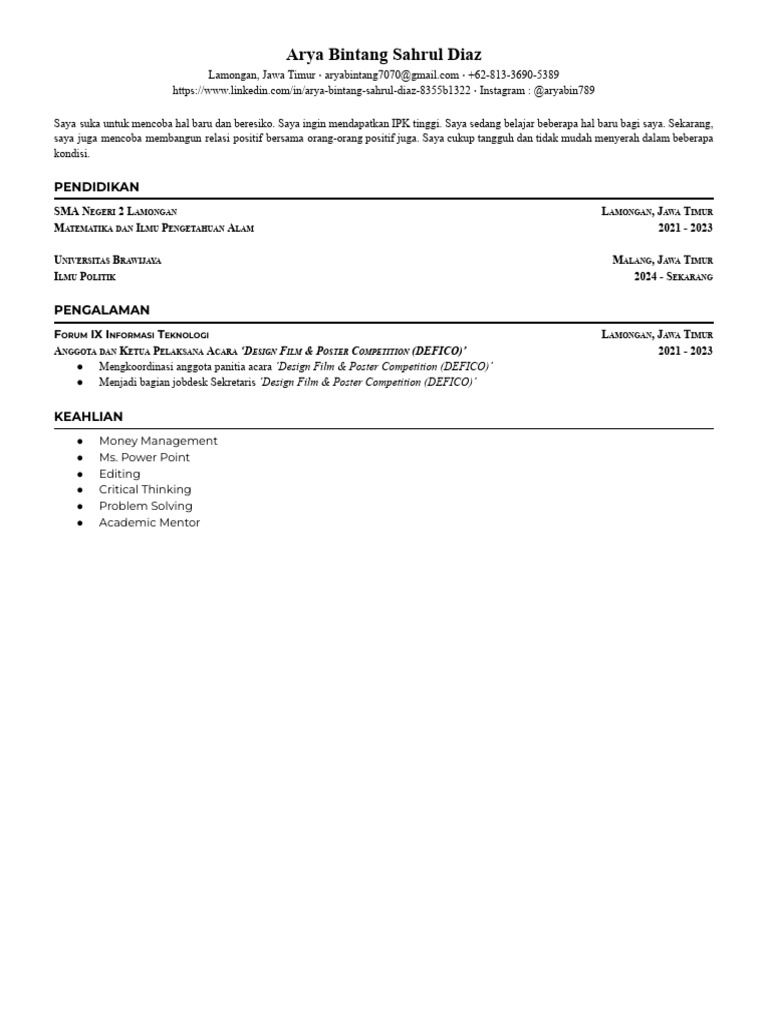 CV ATS - Arya Bintang Sahrul Diaz - Angela Merkel | PDF