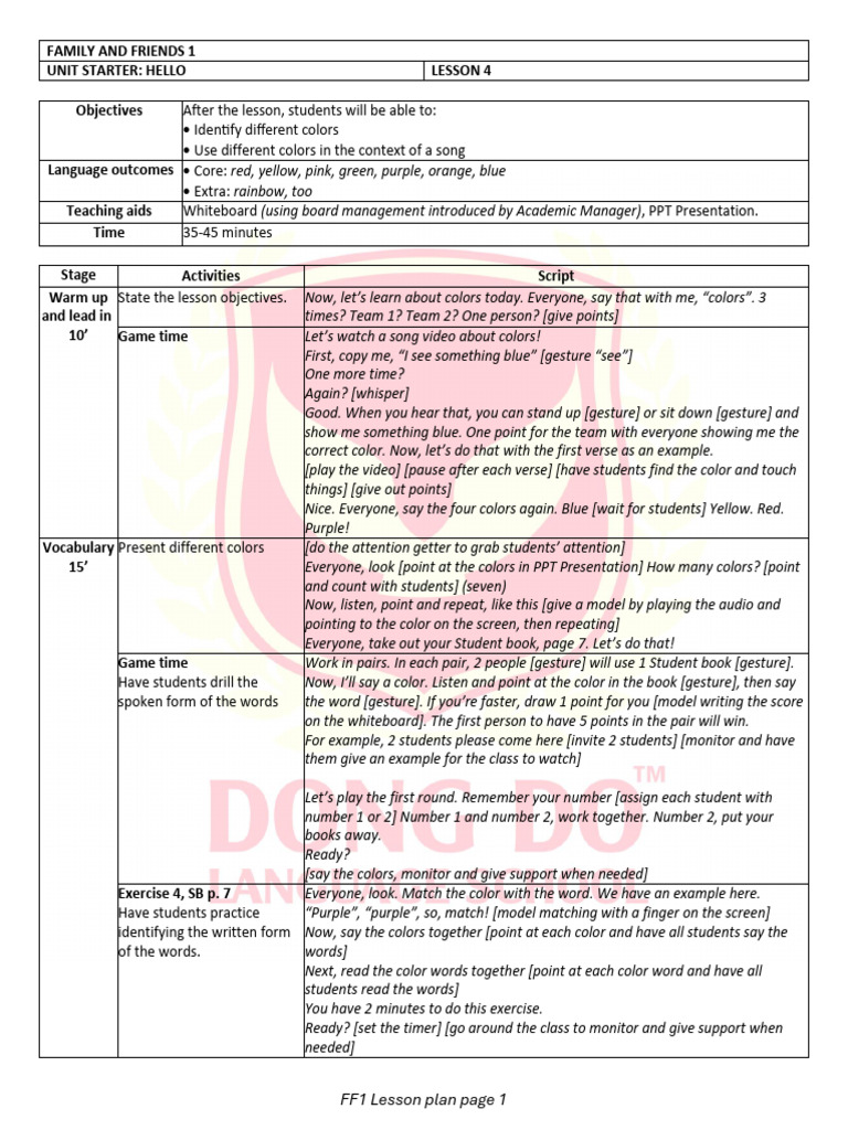 FF1 Unit Starter Lesson 4 Lesson Plan | PDF