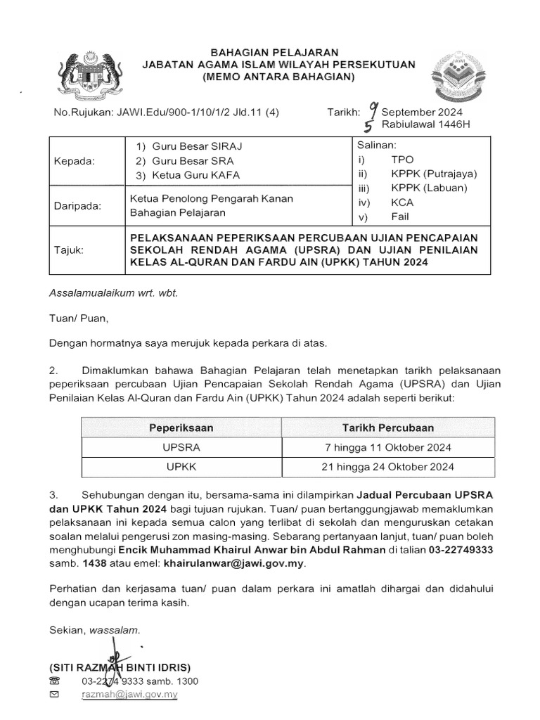 Memo Pelaksanaan Percubaan Upsra Dan Upkk Tahun 2024 | PDF