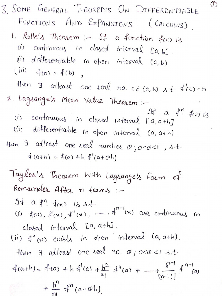 Calculus Chapter-3rd (Some General Theorems On Diffrentiable Functions and Expansions) | PDF