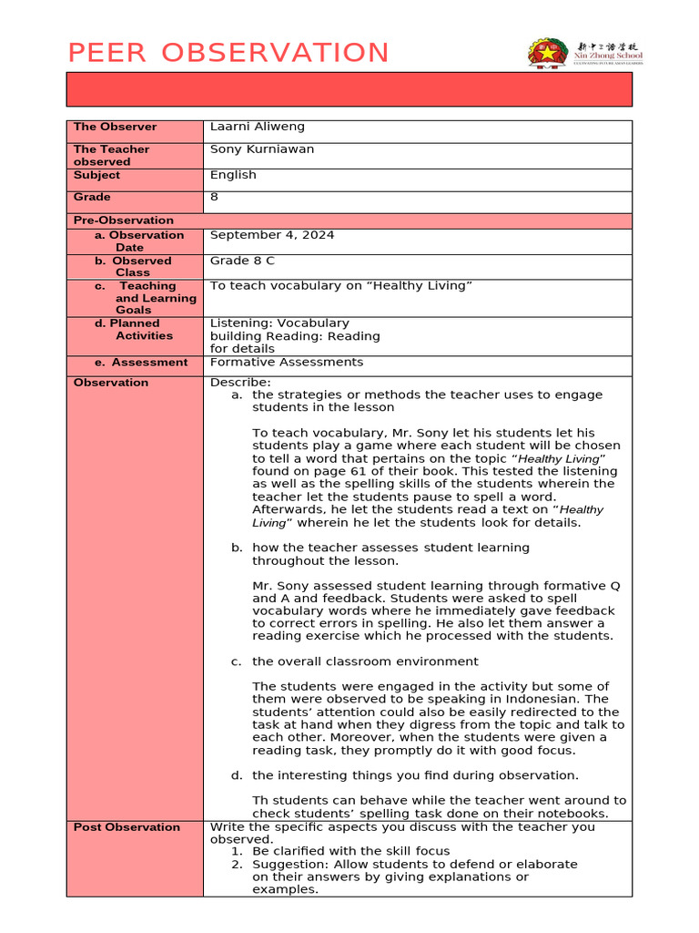 Teacher Peer Observation - Term 1 | PDF