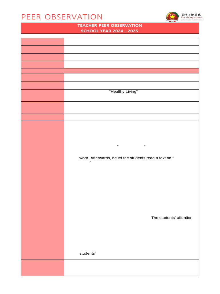 Teacher Peer Observation Term 1 | PDF