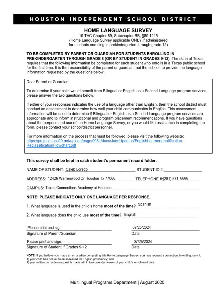 TCAH Home Language Survey - FILLABLE | PDF