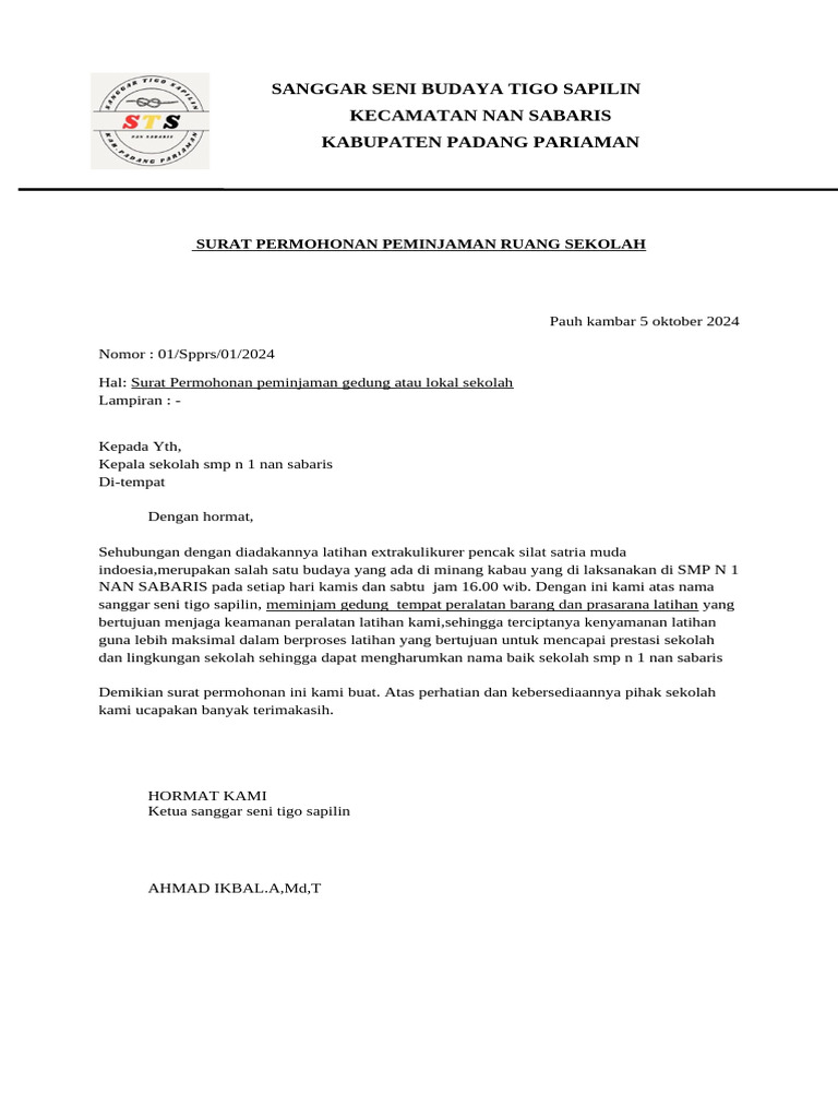 Contoh Surat Permohonan Pinjam Tempat | PDF