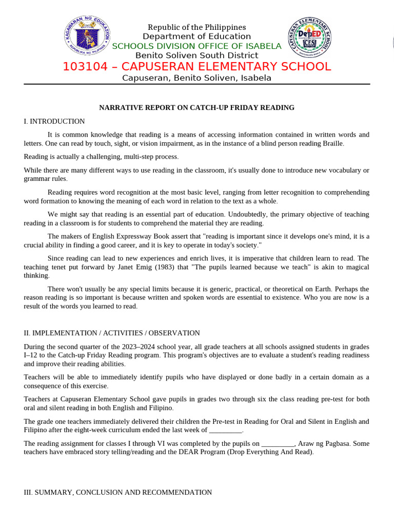 Narrative Report Catch Up Friday | PDF