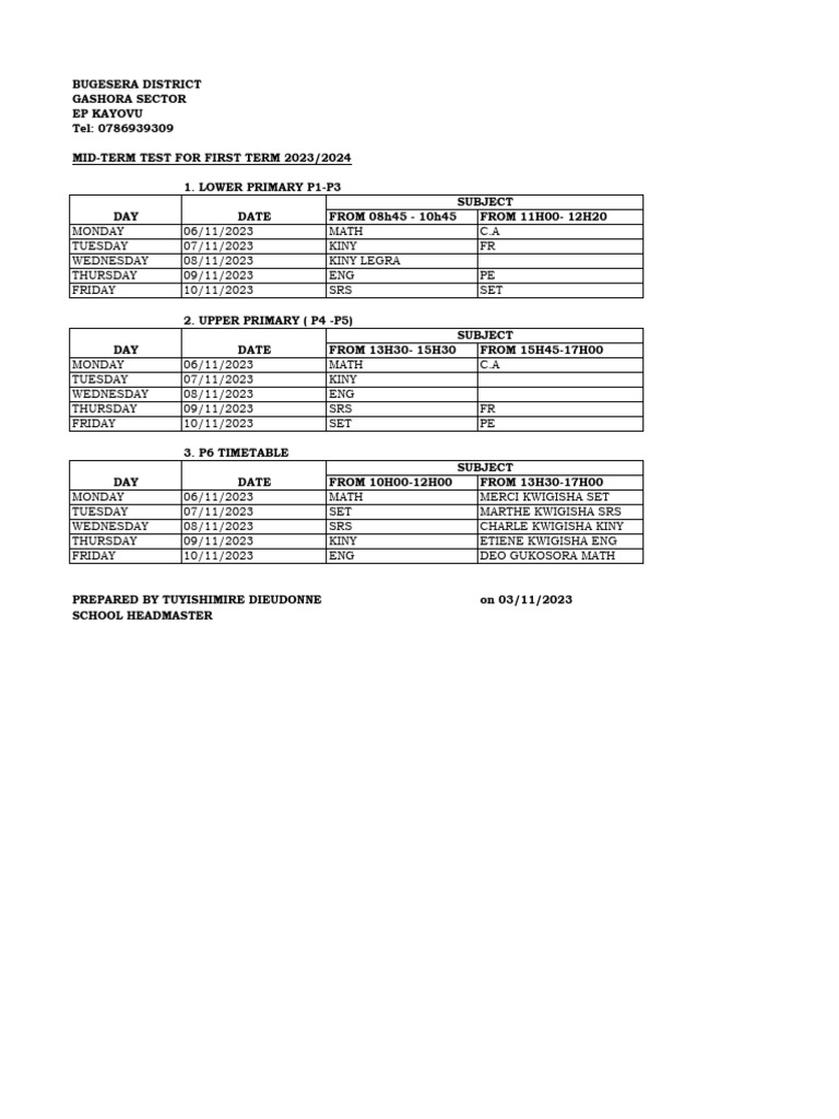 EP KAYOVU FIRST TERM MID TERM TEST TIMETABLE 2023 2024 | PDF