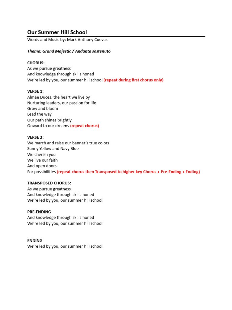 Our Summer Hill School LYRICS | PDF