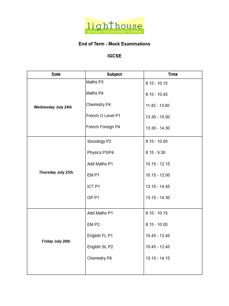 Grade 11 Mock Exam Timetable 2024 | PDF