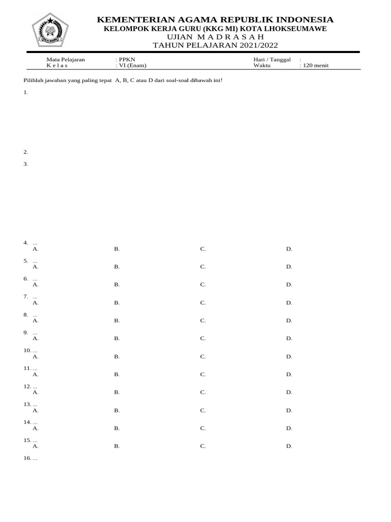 SOAL UJIAN MADRASAH PPKN tini -2022 | PDF