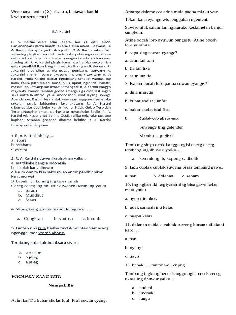 pts bahasa jawa kelas 2 sem 1 | PDF