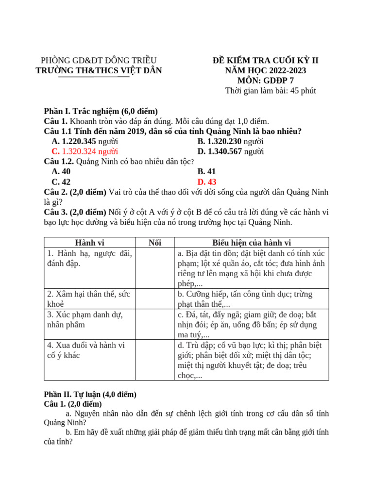 Đề KT học kỳ II môn Giáo dục địa phương 7 (2022 -2023) -TH&THCS Việt Dân | PDF