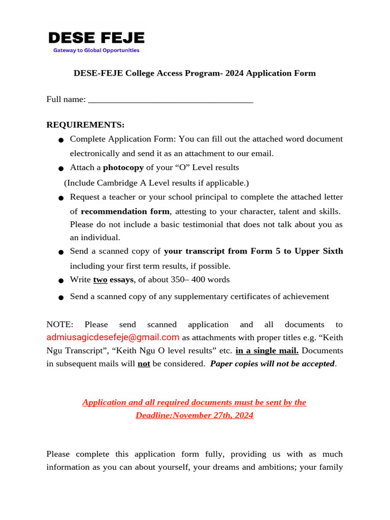 DESE-FEJE College Access Program Application Form | PDF