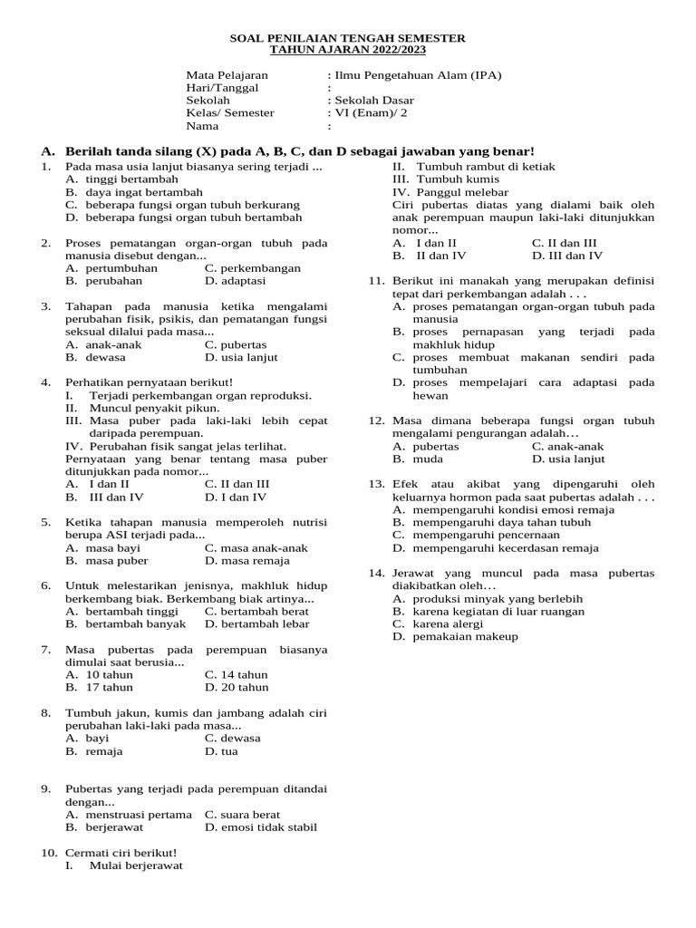 Soal UTS 1 IPA 1 Kls 6 | PDF