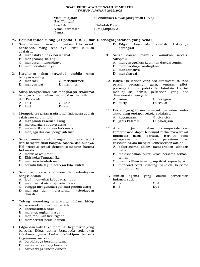 soal UAS 1 PKn-1 | PDF