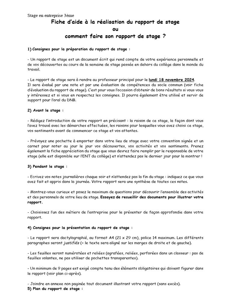 Fiche Aide Realisation Rapport de Stage 2024 | PDF