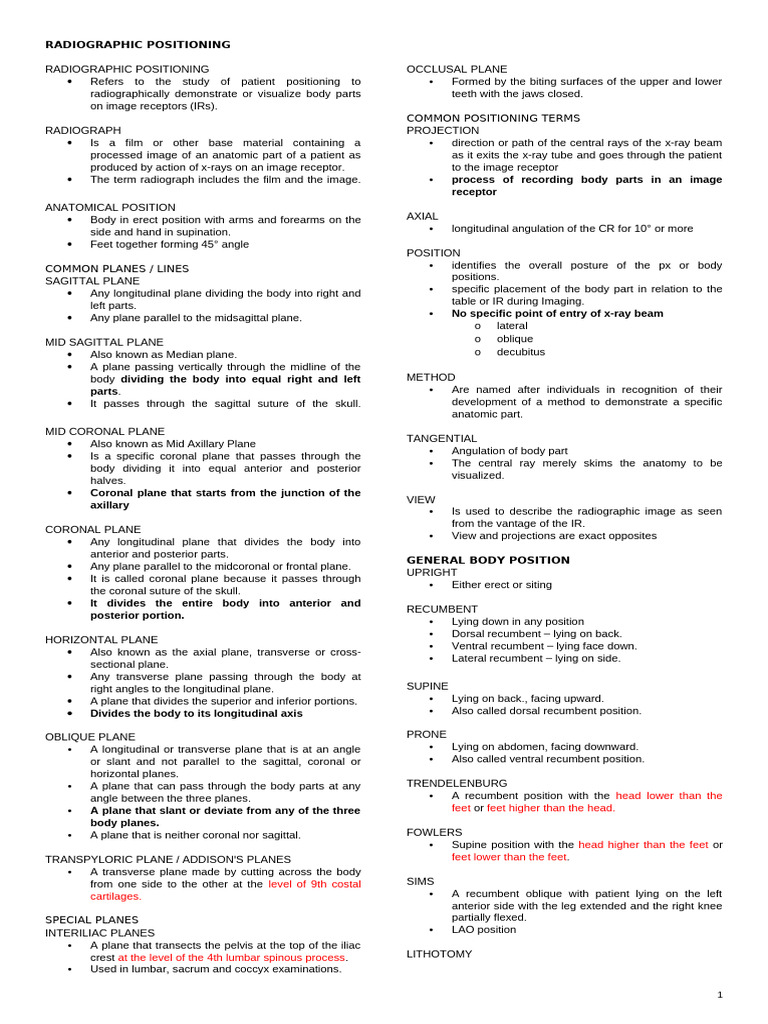 Radiographic Positioning Notes | PDF