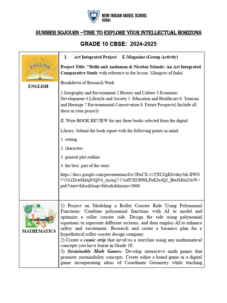 10cbse Summer Vacation Homework 2024-25-1 | PDF