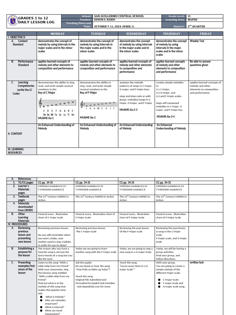 DLL - Mapeh 6 - Q2 - W1 | PDF | Scale (Music) | Interval (Music)