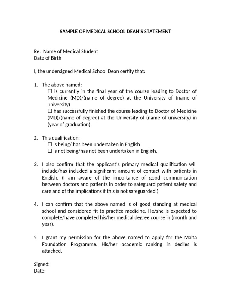Sample of Medical School Dean Statement 2017 | PDF