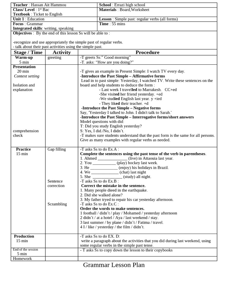Lesson Plan -Grammar Simple past regular verbs | PDF