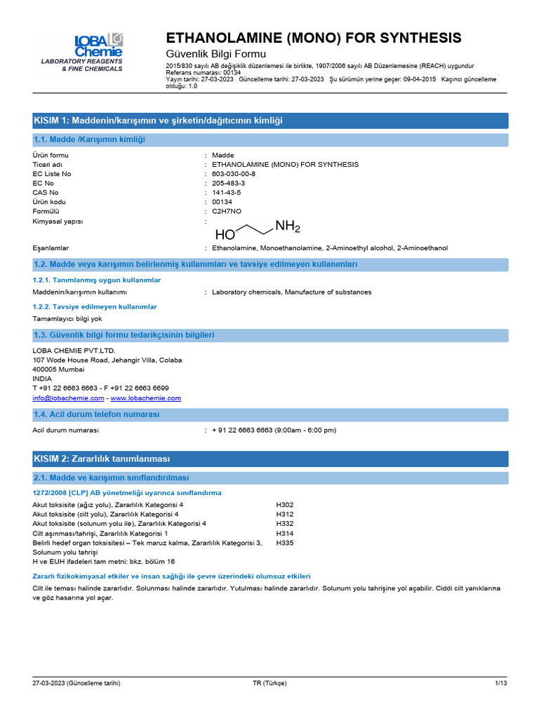 MSDS-ETHANOLAMINE-MONO-CASNO-141-43-00134-TR | PDF