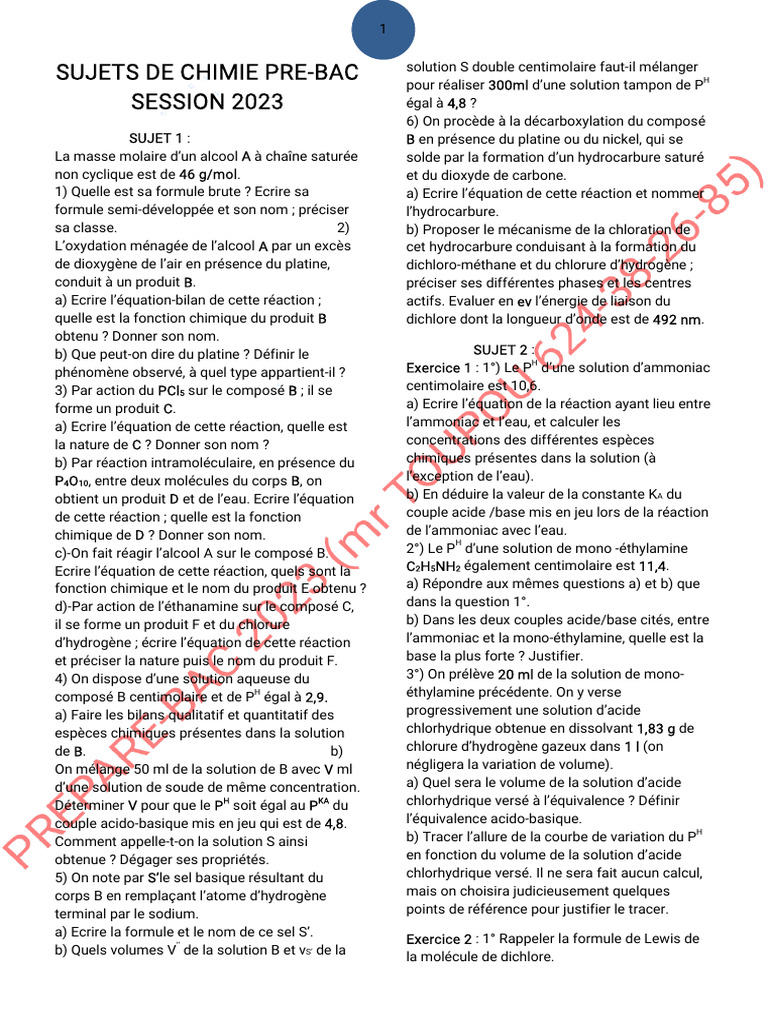 Sujets de Chimie Pre-Bac 2020 | PDF