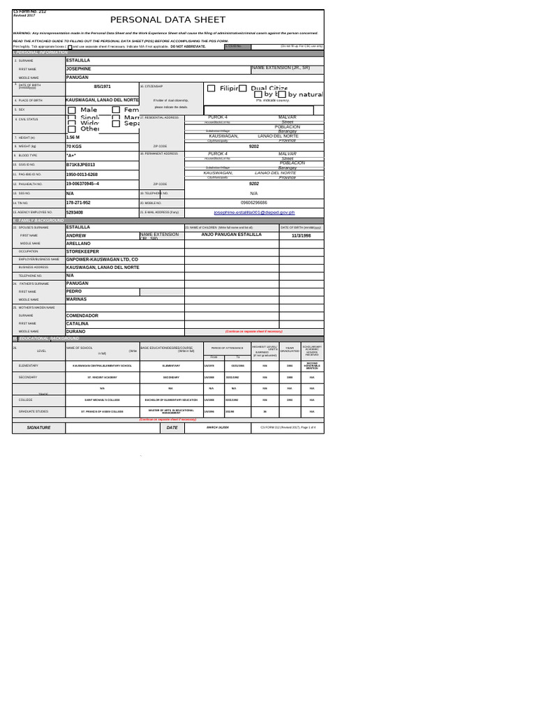 CS Form No. 212 Revised Personal Data Sheet JOSEPHINE 2023 | PDF