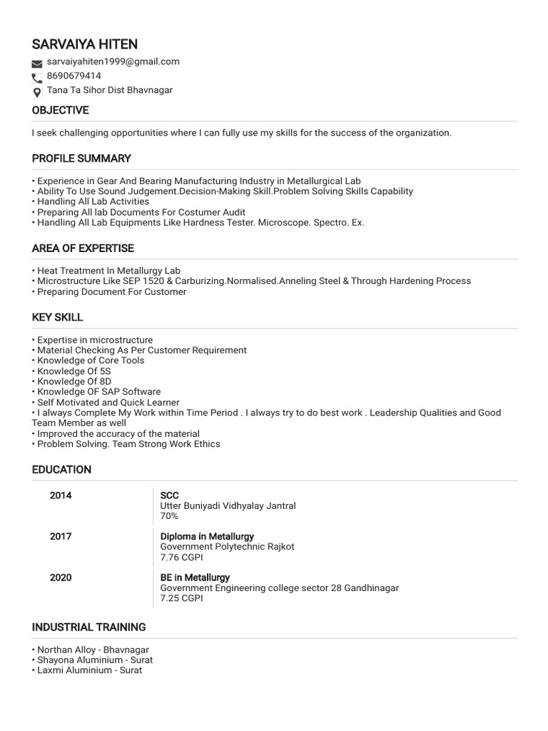 BE Metallurgist Resume | PDF | Metallurgy | Heat Treating