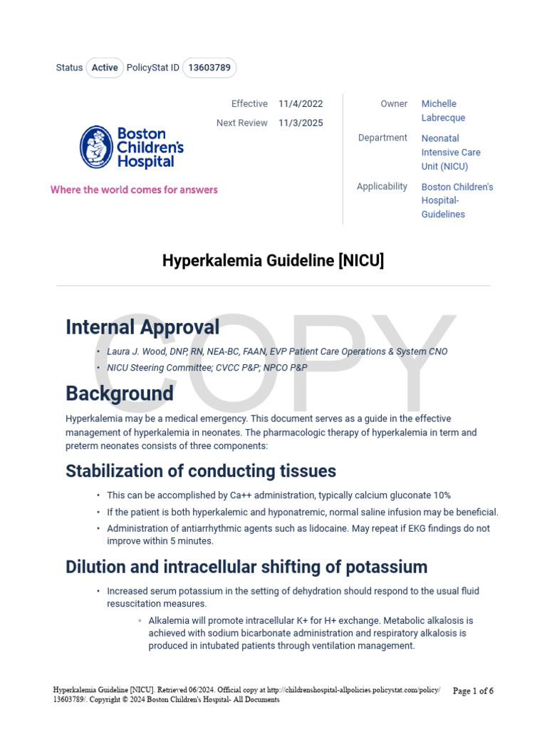 Hyperkalemia Guideline NICU Copy | PDF
