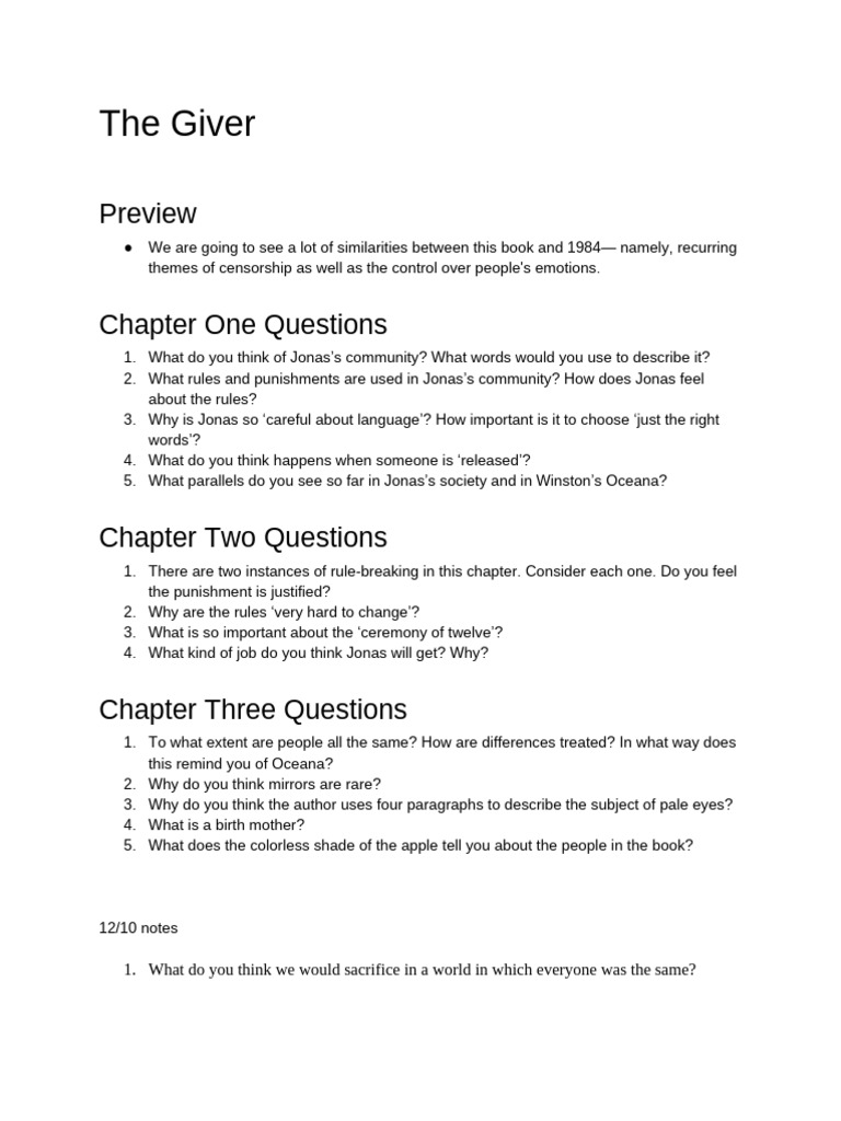 The Giver - Discussion Questions | PDF