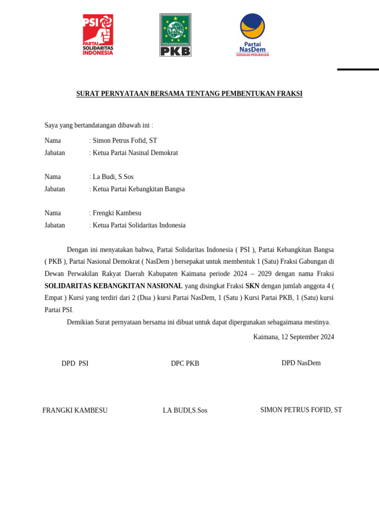 Surat Pernyataan Bersama Tentang Pembentukan Fraksi | PDF