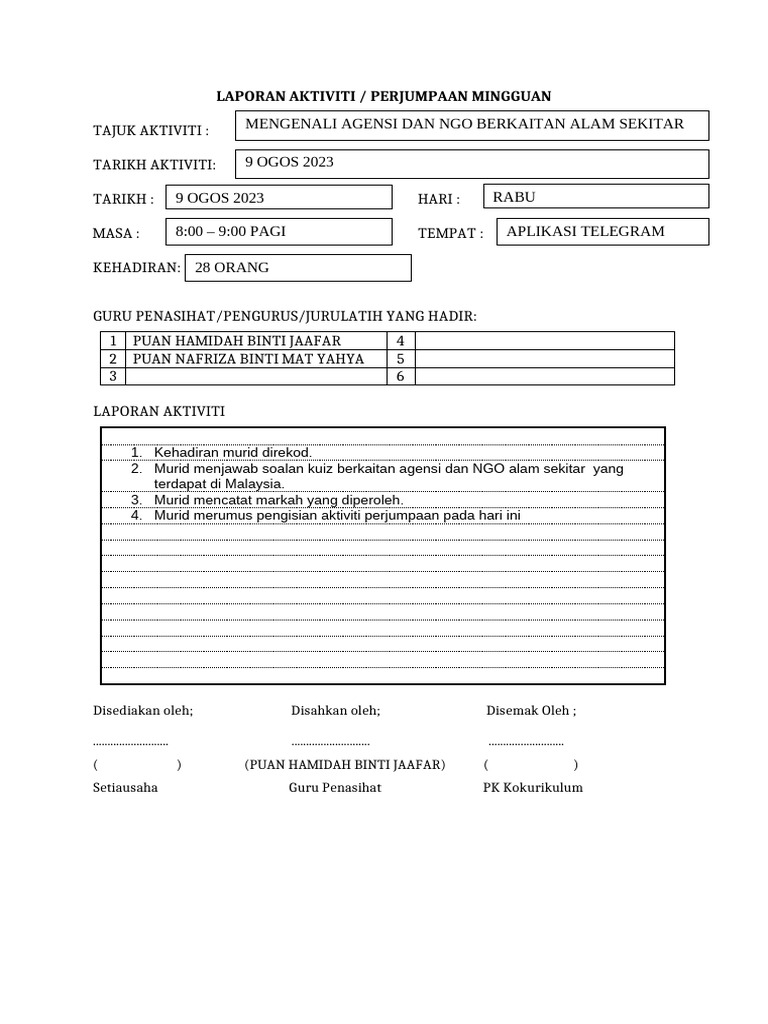 LAPORAN AKTIVITI MINGGUAN KOKURIKULUM Nafriza | PDF