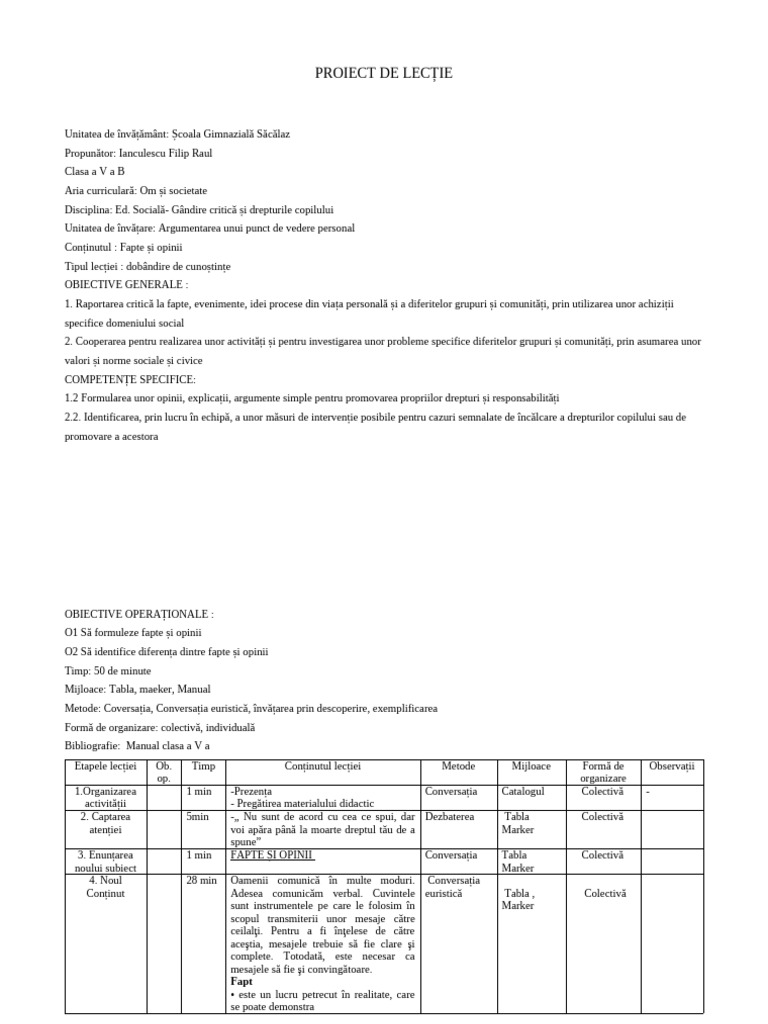 Proiect de Lectie Fapte Si Opinii | PDF