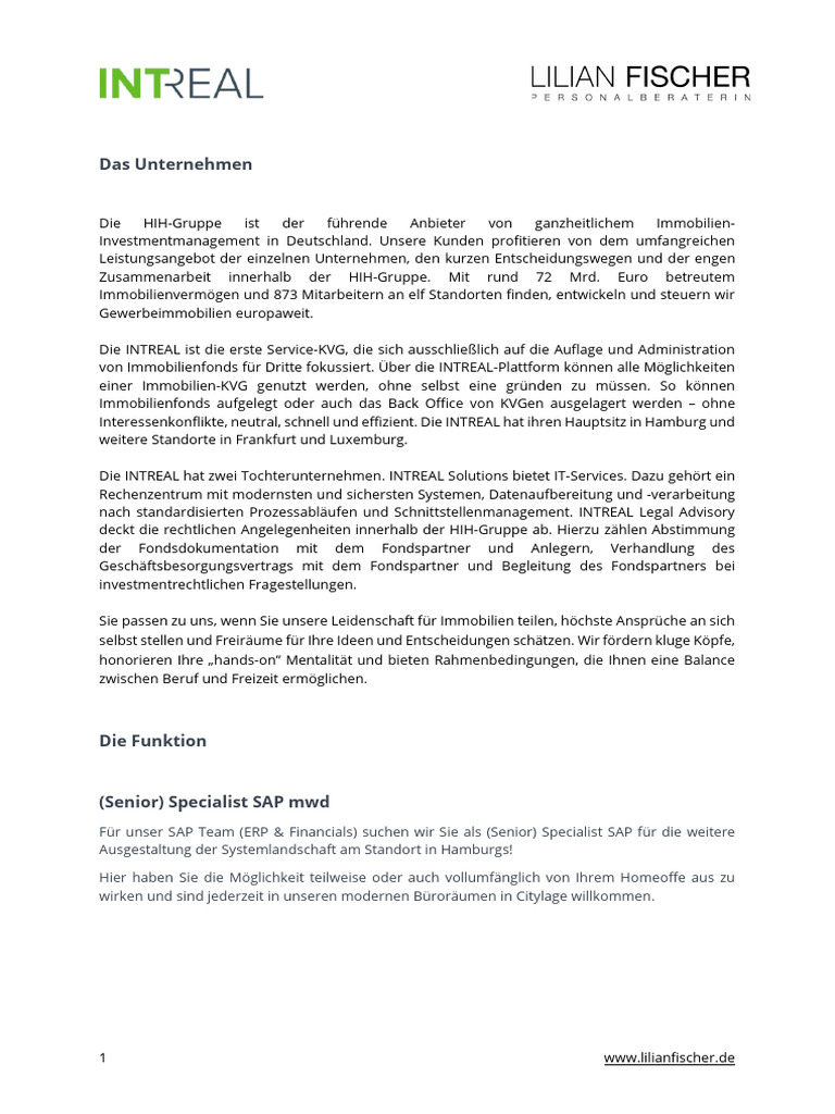 Kurzexposé - Senior Specialist SAP FI - INTREAL Solutions | PDF