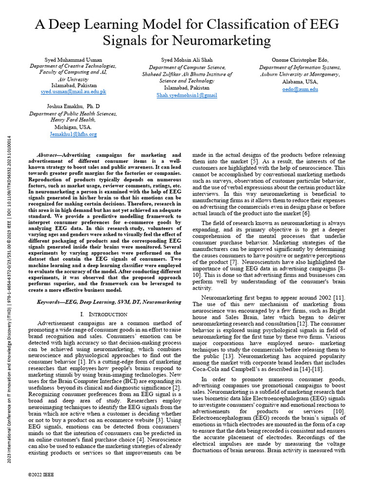 A Deep Learning Model For Classification of EEG Signals For Neuromarketing | PDF