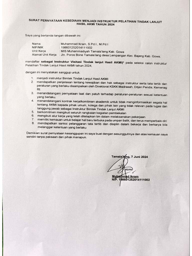 Surat Pernyataan Muhammad Ikram | PDF