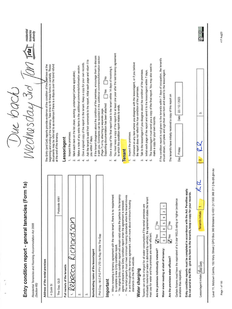 Entry Condition Report - 4 Quirk ST - Signed | PDF